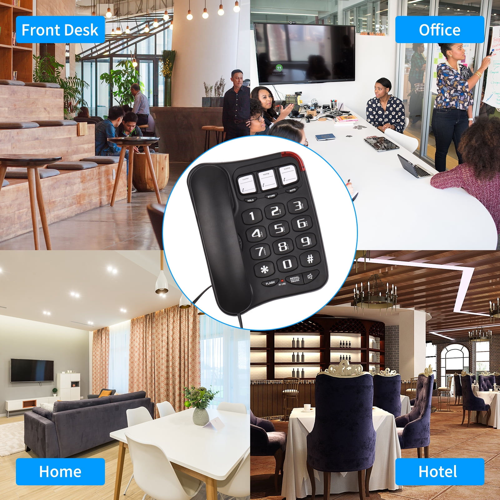 Black Corded Phone with Big Button Desk Landline Wall Mountable ...
