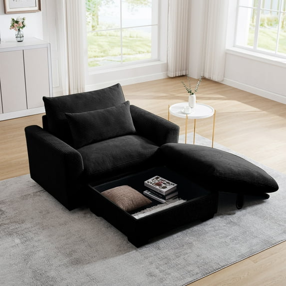 Black Corduroy Modular Sofa with Storage Ottoman – Deep Seat, Flexible ...