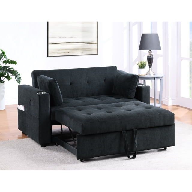 Black Corduroy Sleeper Couch With Ports, Magazine Pockets & Pillows ...