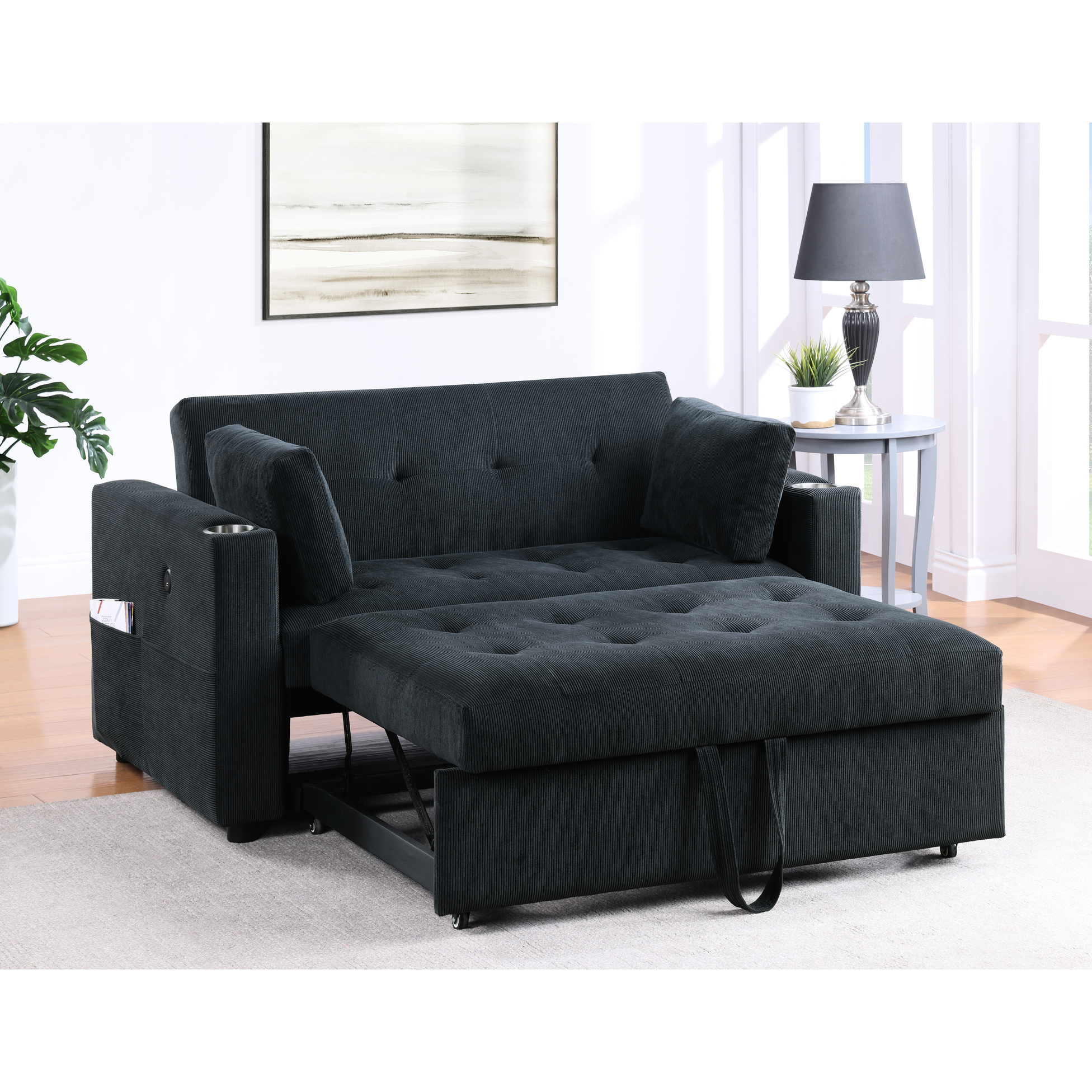 Black Corduroy Sleeper With Magazine Pockets, Cupholders & Ports ...