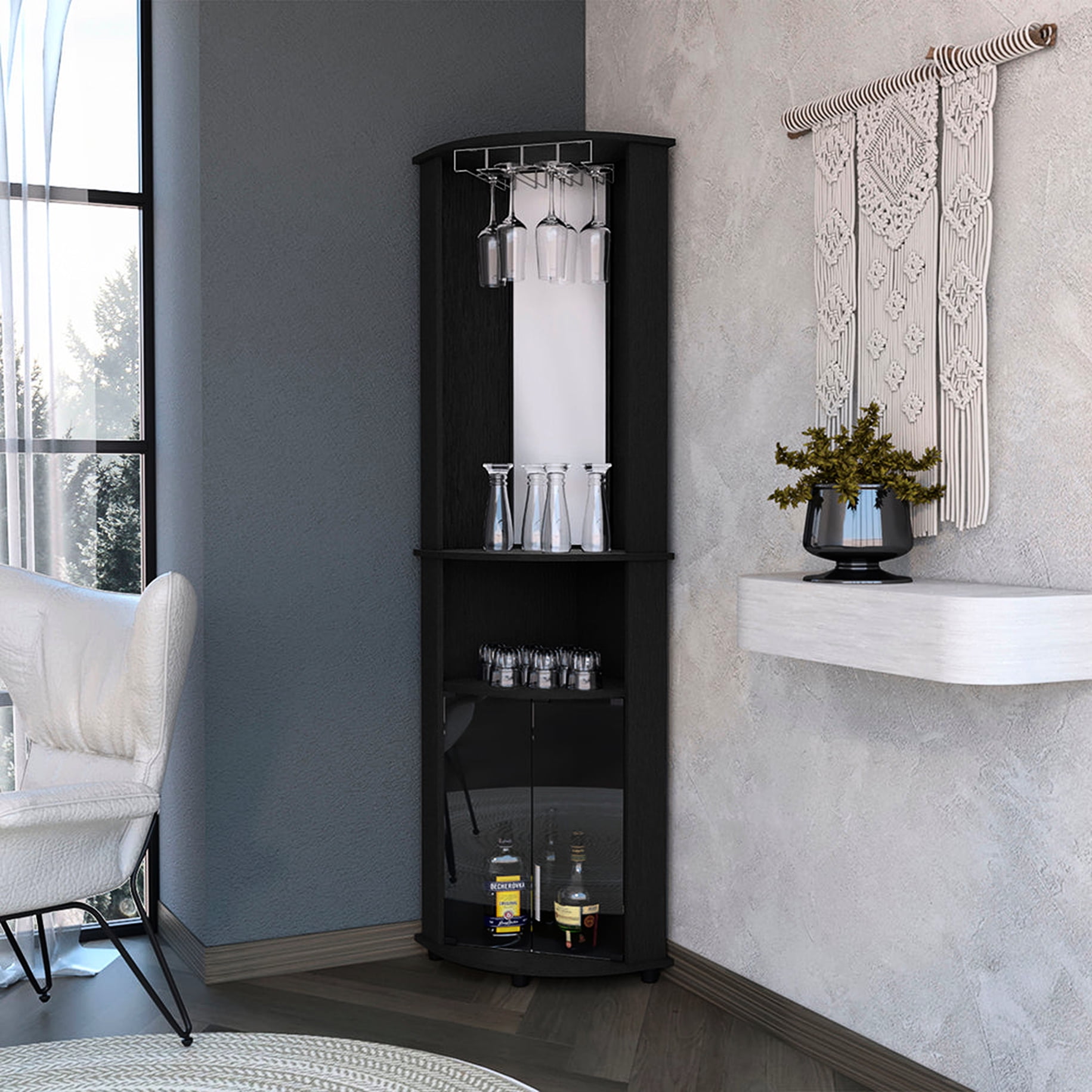 Black Corner Bar Cabinet With 2 Doors & Glass Rack. Metal Rack For ...