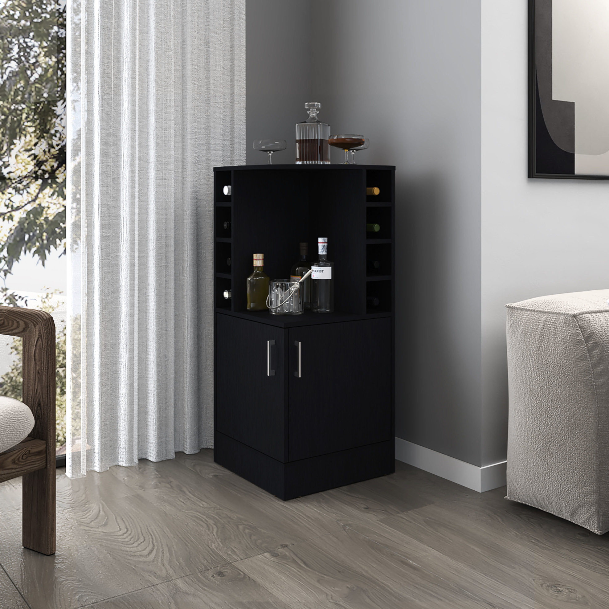 Black Corner Bar Storage Unit With Bottle Rack, Open Shelves & Hidden ...