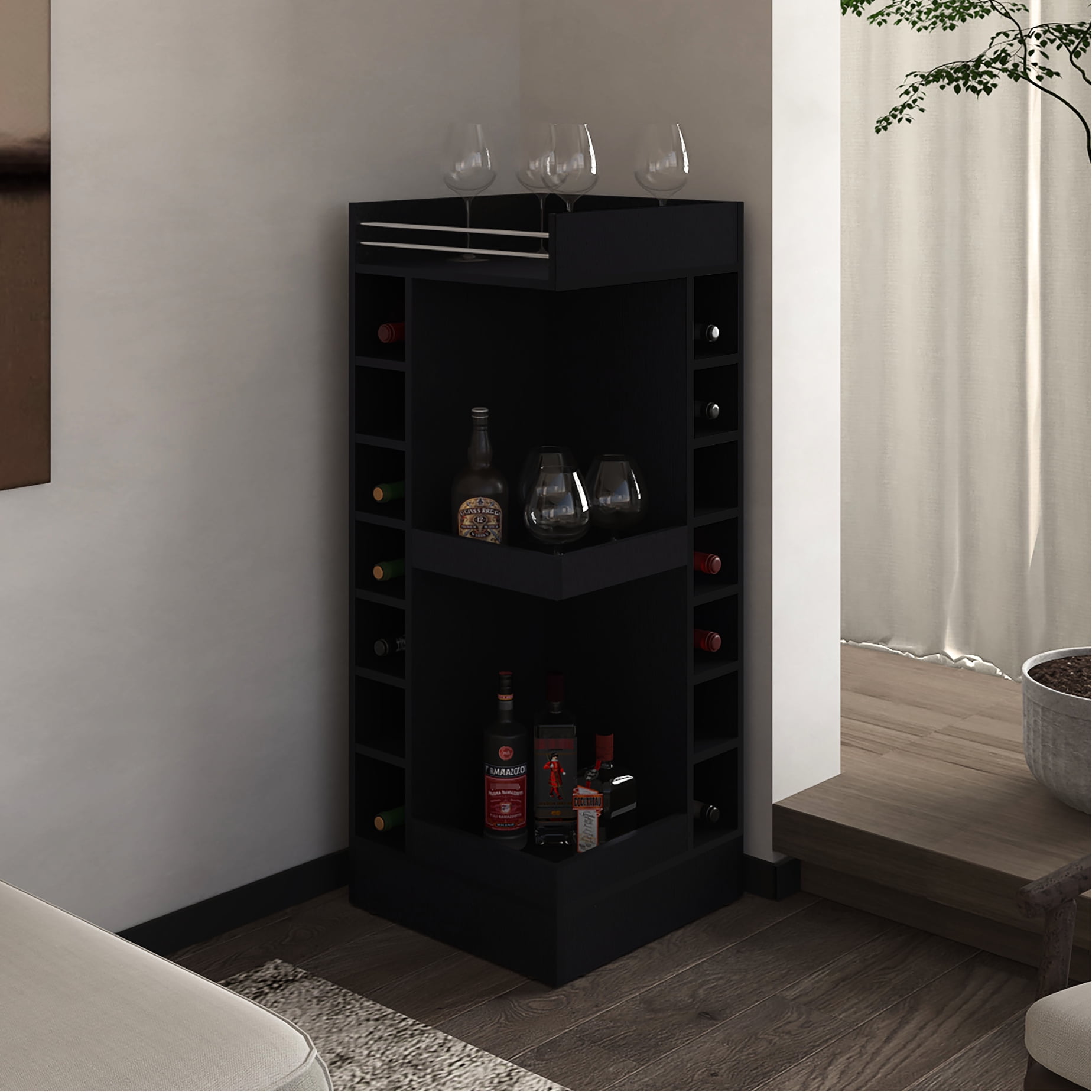 Black Corner Bar Unit - Wine Bottle Compartments And Open Shelf Scratch ...