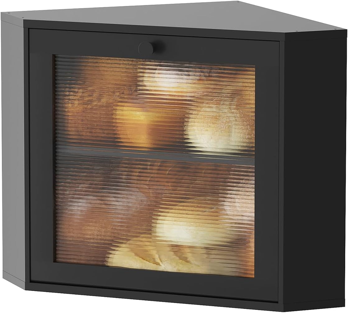 Black Corner Bread Box for Kitchen Countertop - Bamboo Wood, Wavy ...