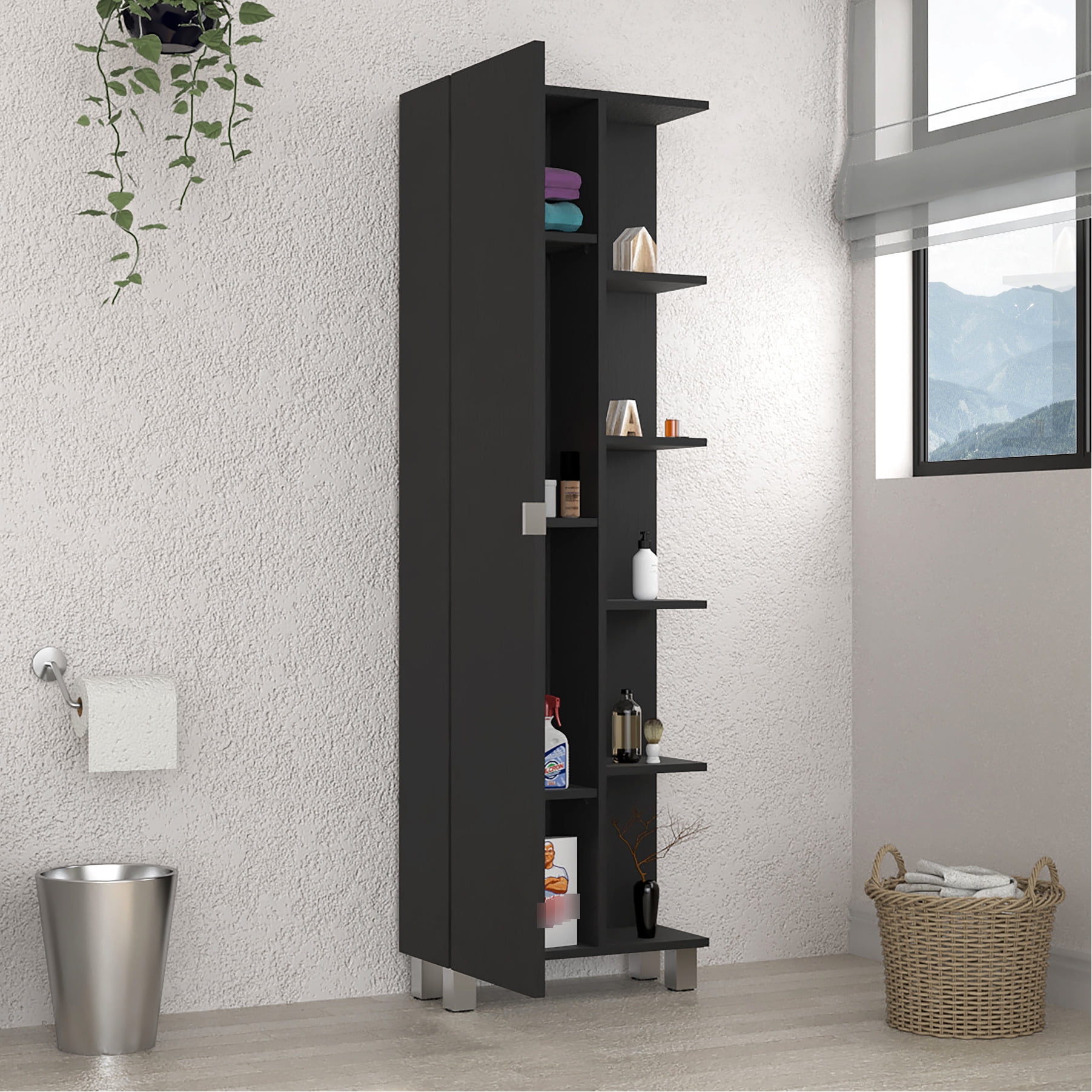 Black Corner Cabinet , 5 Open Shelves And Cabinet, Color, Space ...