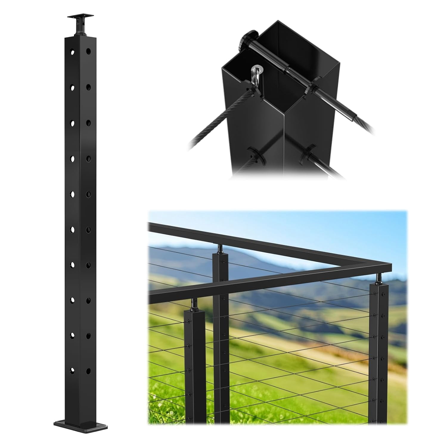 Black Corner Cable Railing Post 36 Inch 36"x2"x2" T-drilled One-Post ...