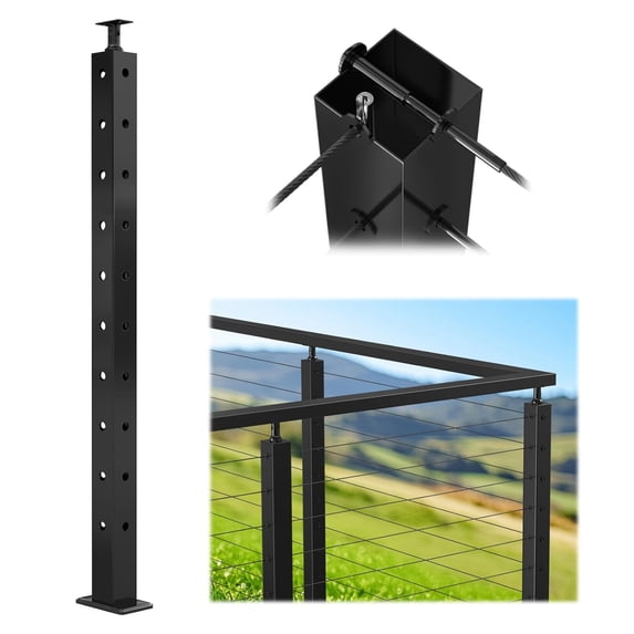 Black Corner Cable Railing Post 36 Inch 36"x2"x2" T-drilled One-Post ...