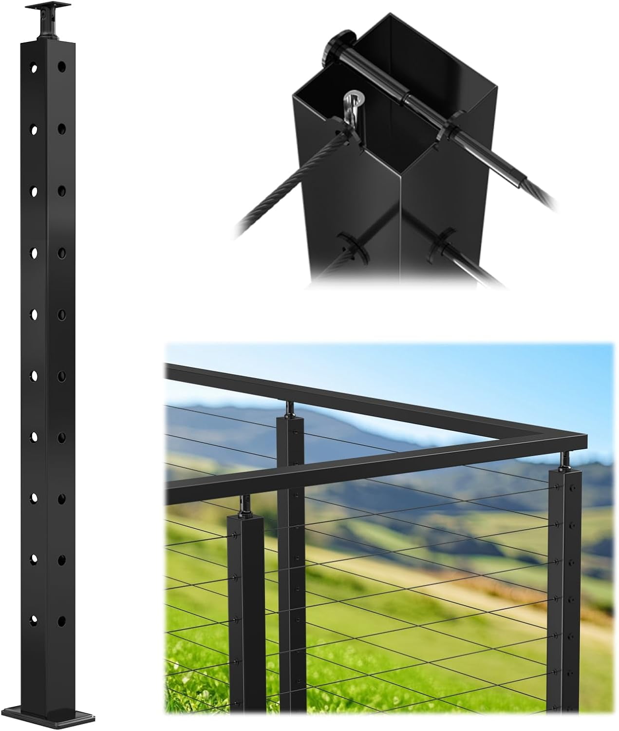 Black Corner Cable Railing Post 36 Inch 36"x2"x2" T-drilled One-Post ...