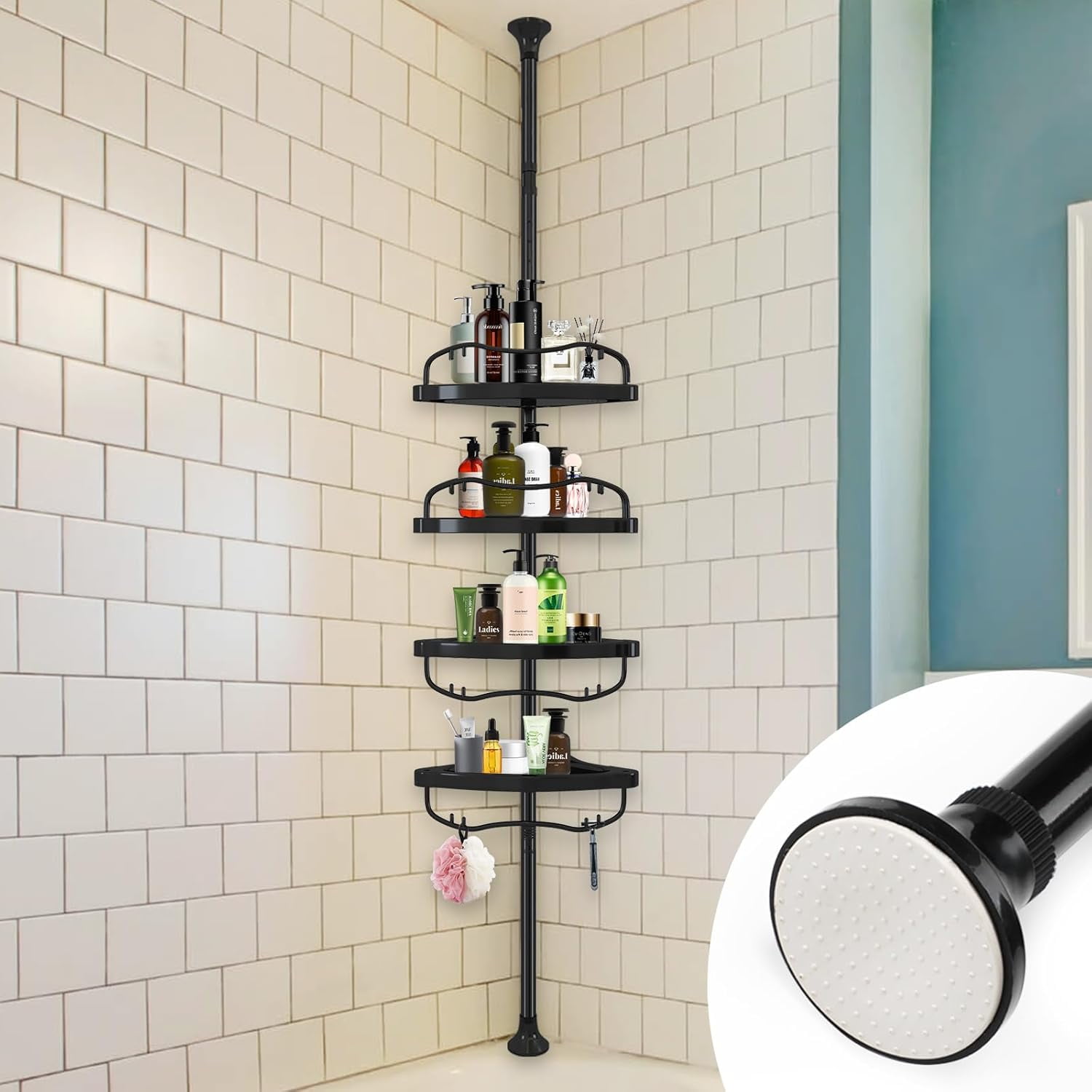 Black Corner Shower Caddy Tension Pole, Rustproof Bathtub Storage and ...