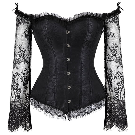 Black Corset Top with Sleeves Bustier Plus Size Lace Floral Lingerie ...