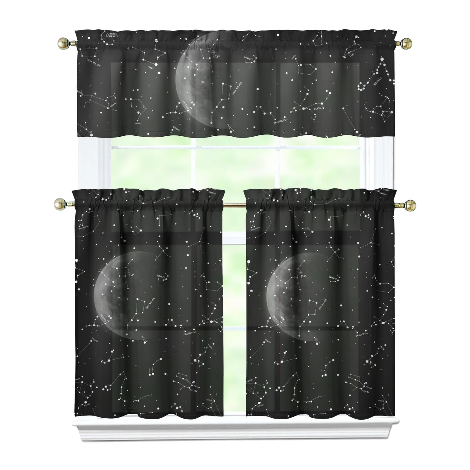 Black Cosmic Kitchen Curtains Set - 3 PC Goth Star & Moon Valance ...