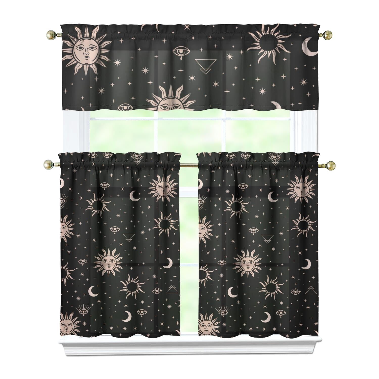Black Cosmic Kitchen Curtains Set - 3 PC Goth Star & Moon Valance ...