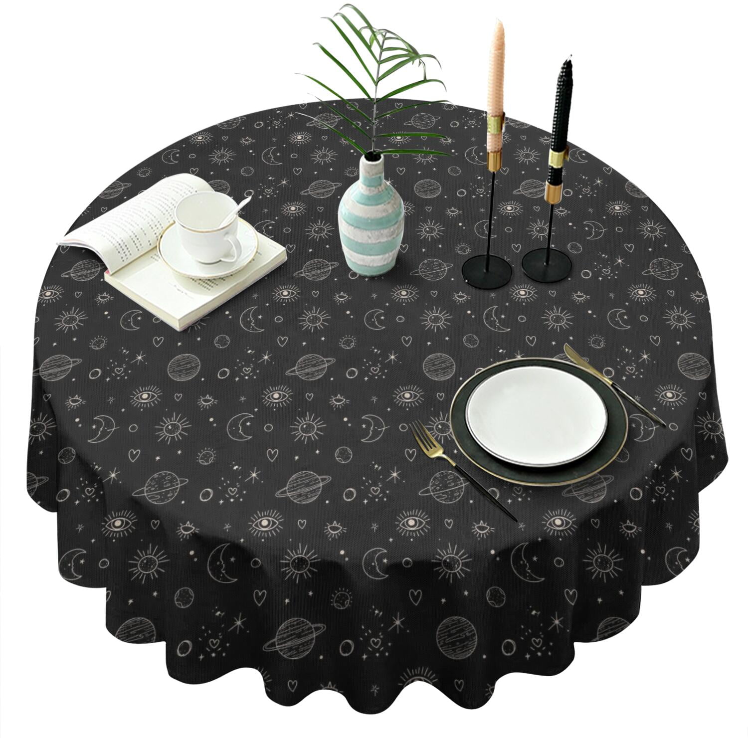 Black Cosmic Pattern Round Tablecloth 60"x60",Wrinkle Wipeable Table ...