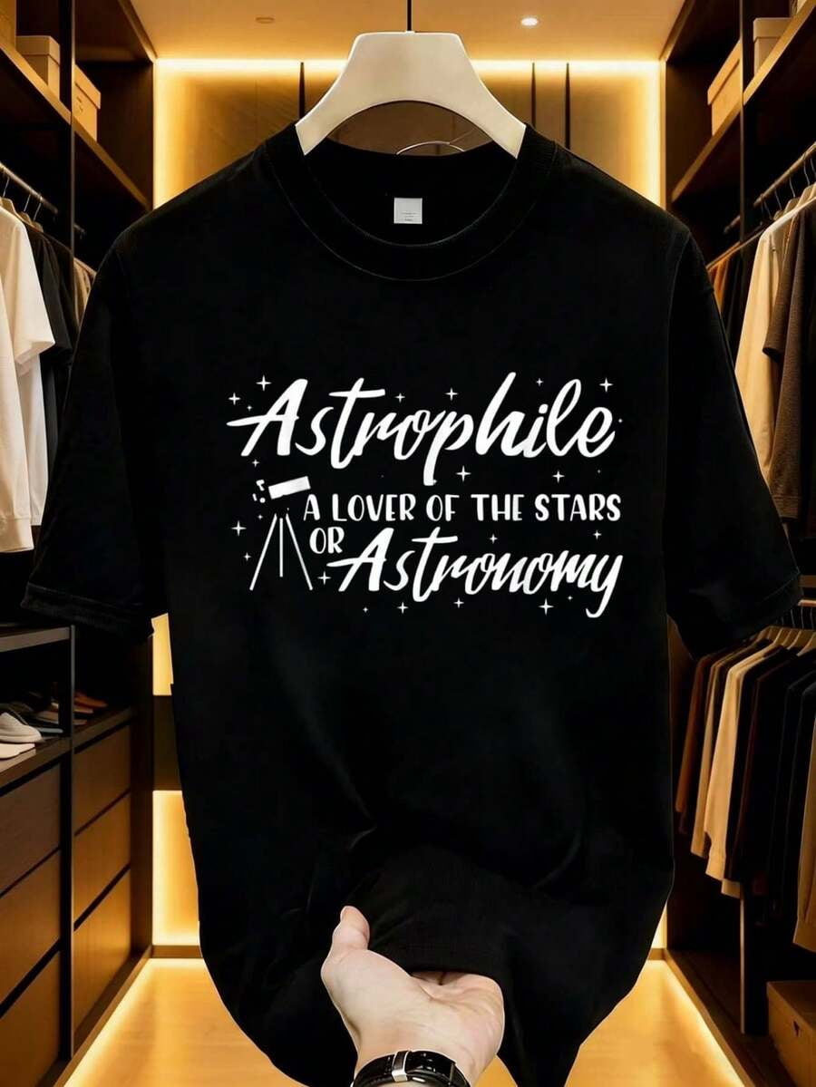 Black Cotton Astrophile Stargazing Graphic Tee Casual Crew Neck Short ...