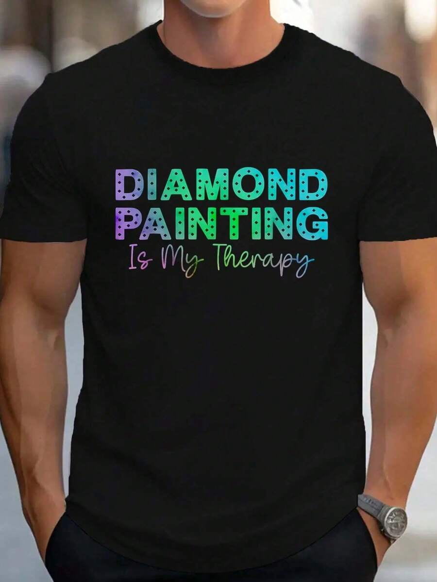 Black Cotton Diamond Painting Is My Therapy Graphic Tee Crew Neck ...