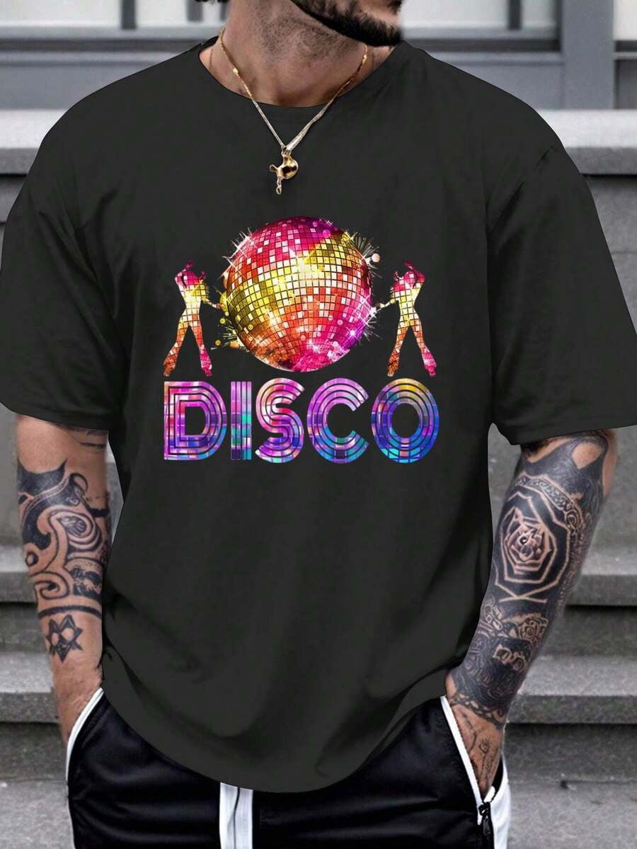 Black Cotton Disco Graphic Tee With Retro Mirror Ball Design Crew Neck ...