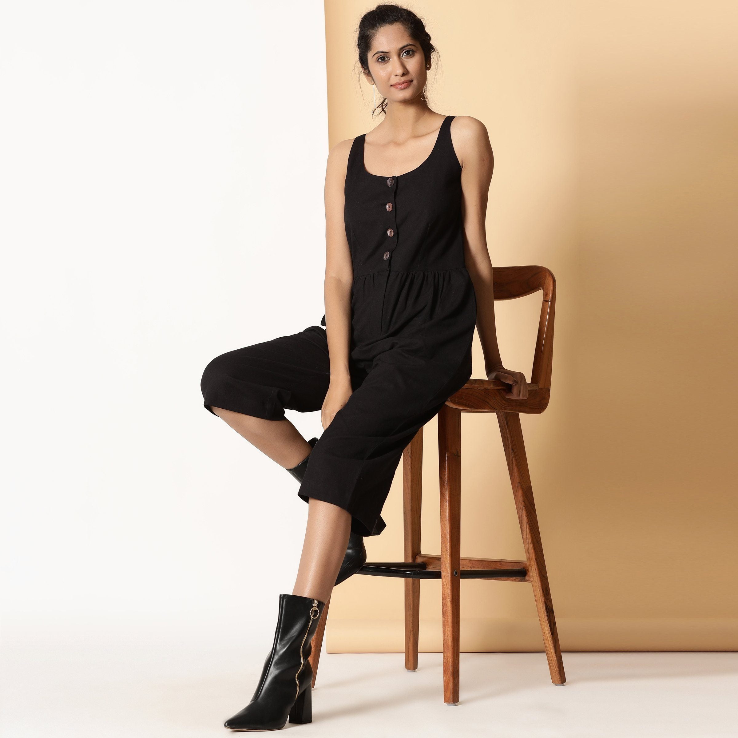 Black Cotton Flax Button-Down Midi Jumpsuit - Walmart.com