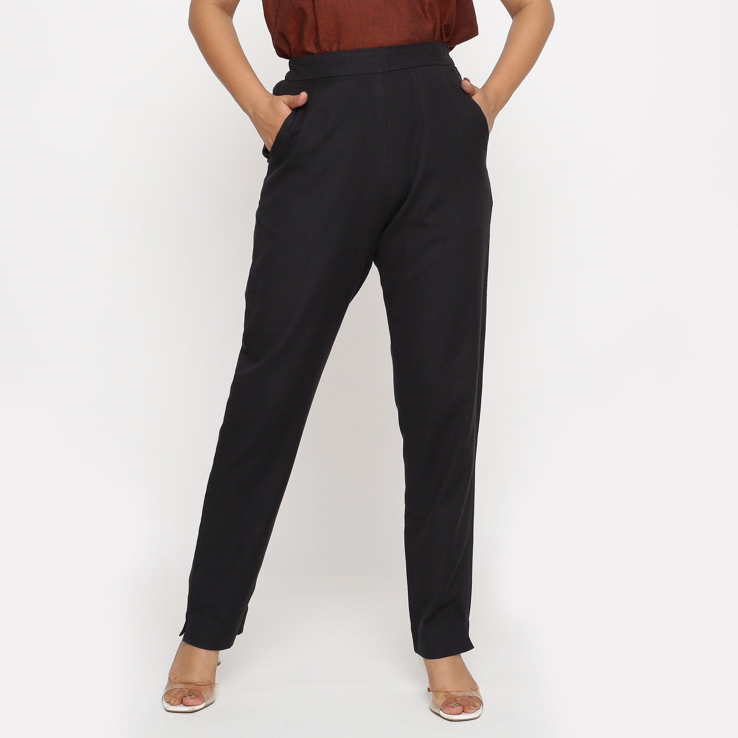 Black Cotton Flax High-Rise Elasticated Tapered Pant - Walmart.com