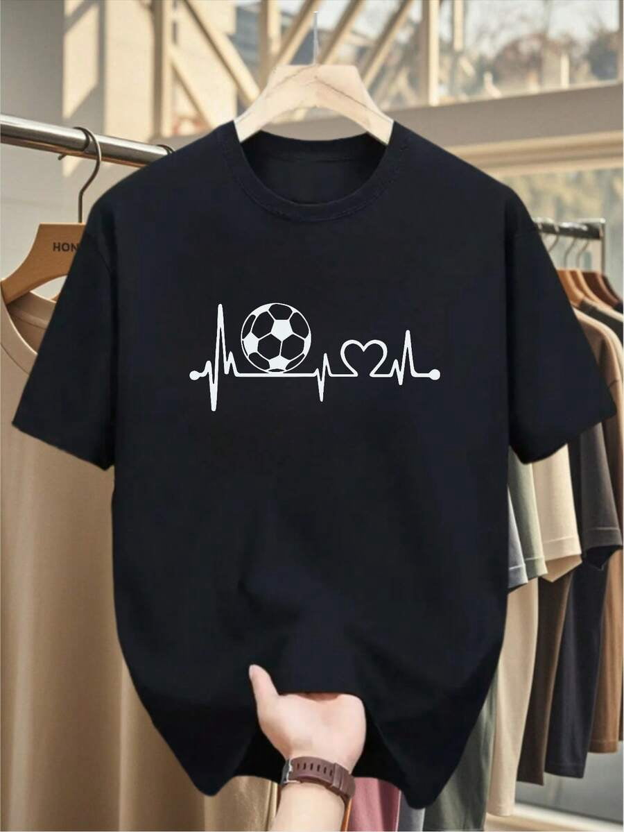 Black Cotton Graphic T-Shirt Featuring Soccer Ball Heartbeat Design ...