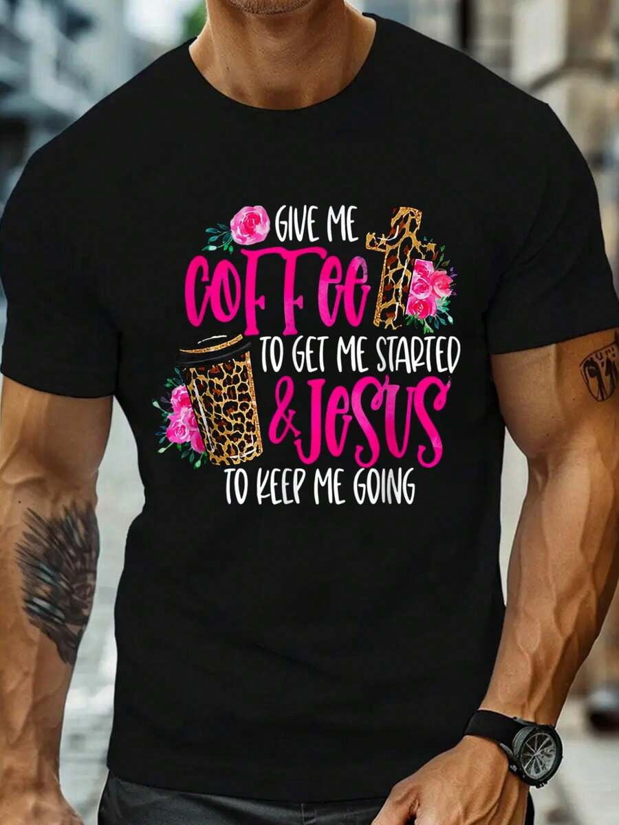 Black Cotton Graphic T-Shirt For Men With Coffee And Jesus Print ...