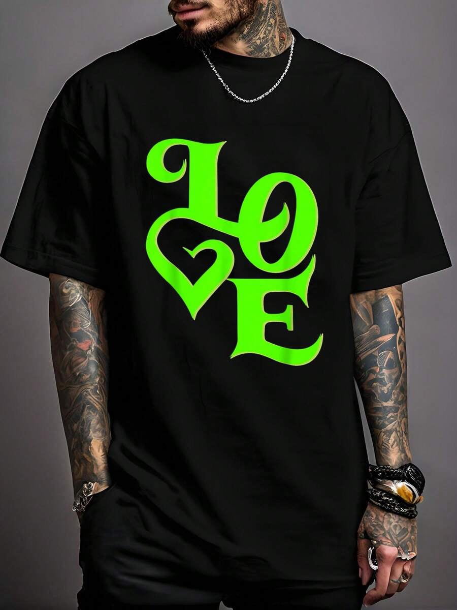 Black Cotton Graphic T-Shirt With Neon Green Love Print Casual Crew ...