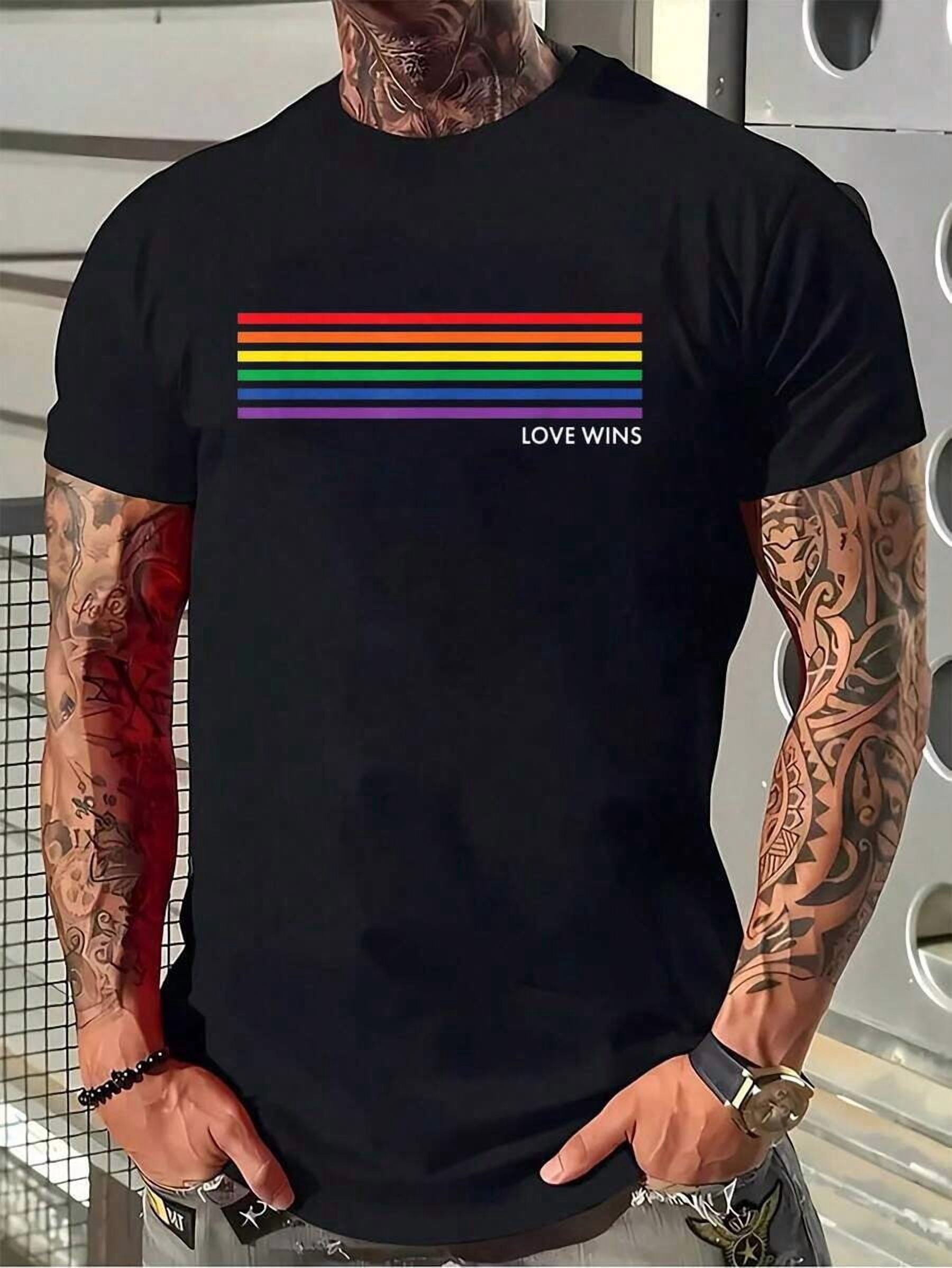 Black Cotton Graphic Tee With Rainbow Stripes And Love Wins Text Crew ...