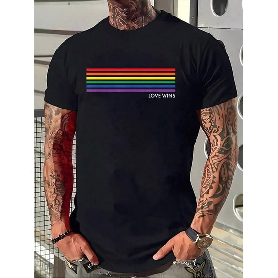 Black Cotton Graphic Tee With Rainbow Stripes And Love Wins Text Crew ...