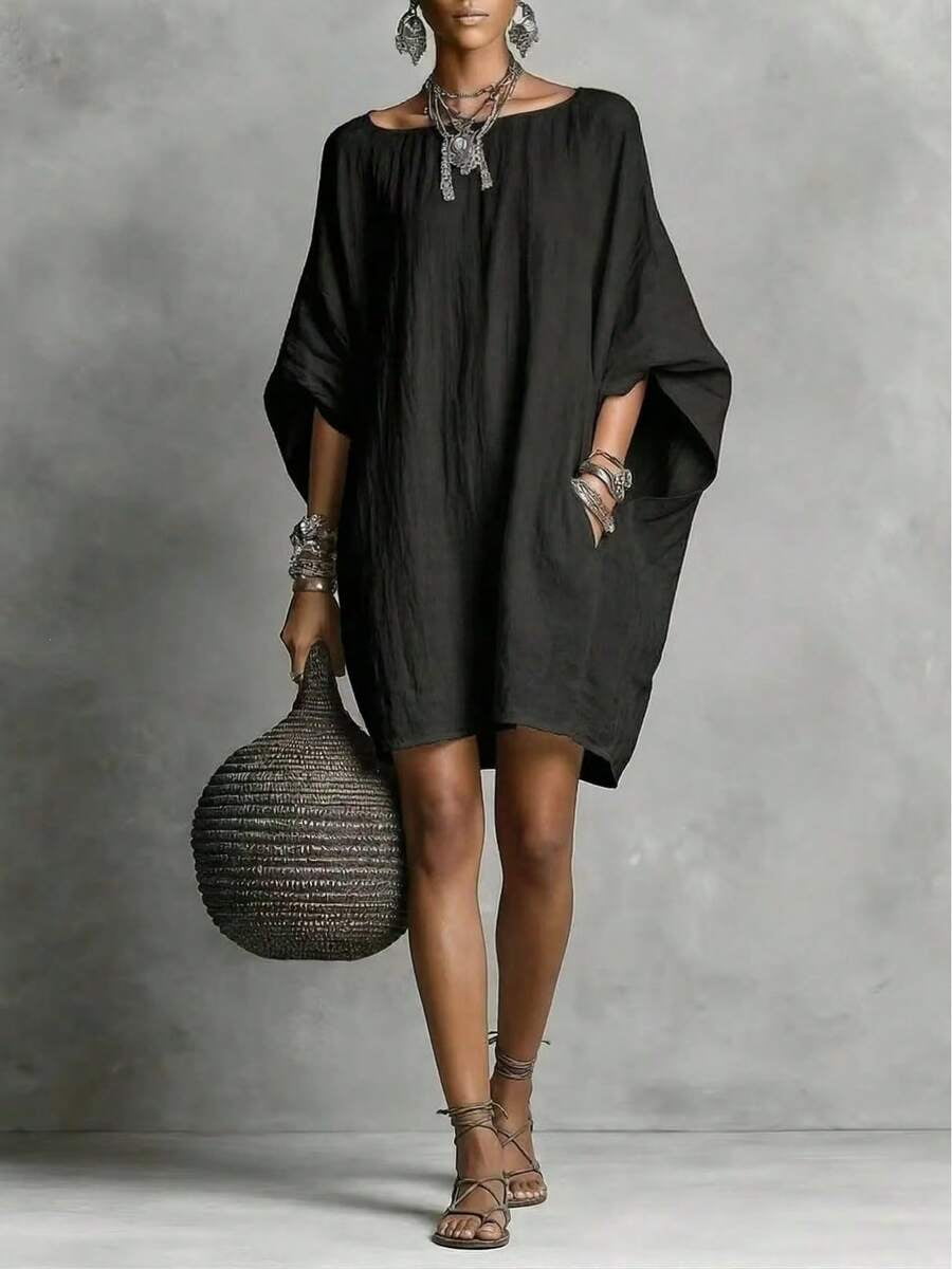 Black Cotton-Linen Batwing Loose Tunic Dress For Women - Walmart.com