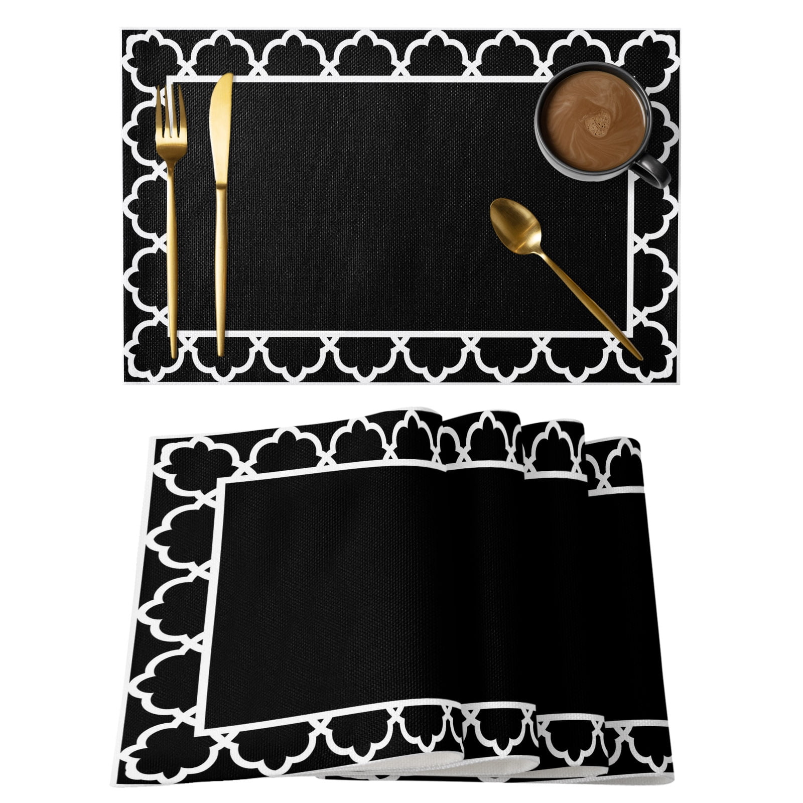 Black Cotton Linen Placemats Set of 4, Geometric Morocco Printed Border ...