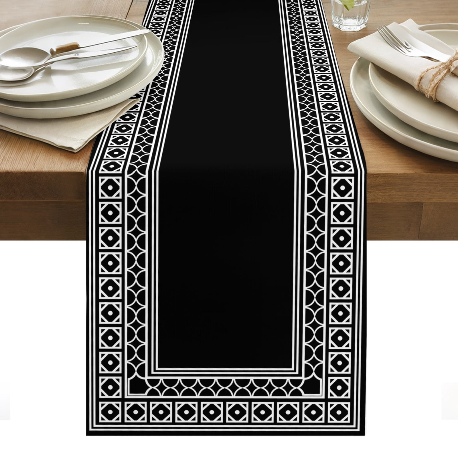 Black Cotton Linen Table Runner Boho Diamond Pattern Border Rustic ...