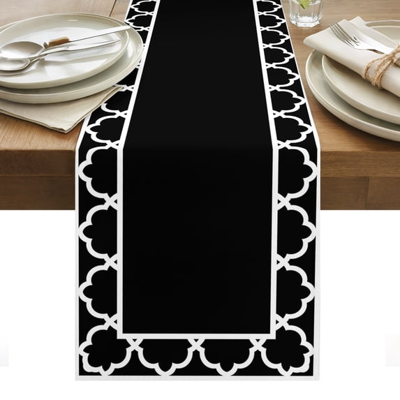 Black Cotton Linen Table Runner Geometric Morocco Printed Border Modern ...