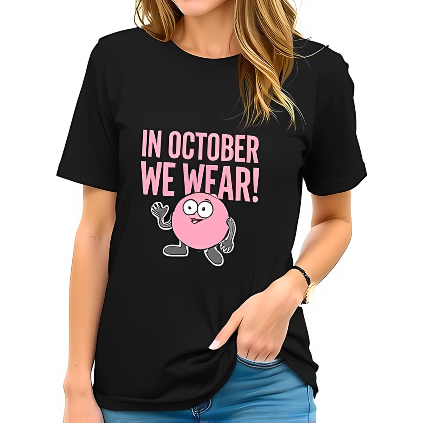 Black Cotton Short Sleeve Shirt With Cheerful Pink Character Graphic ...