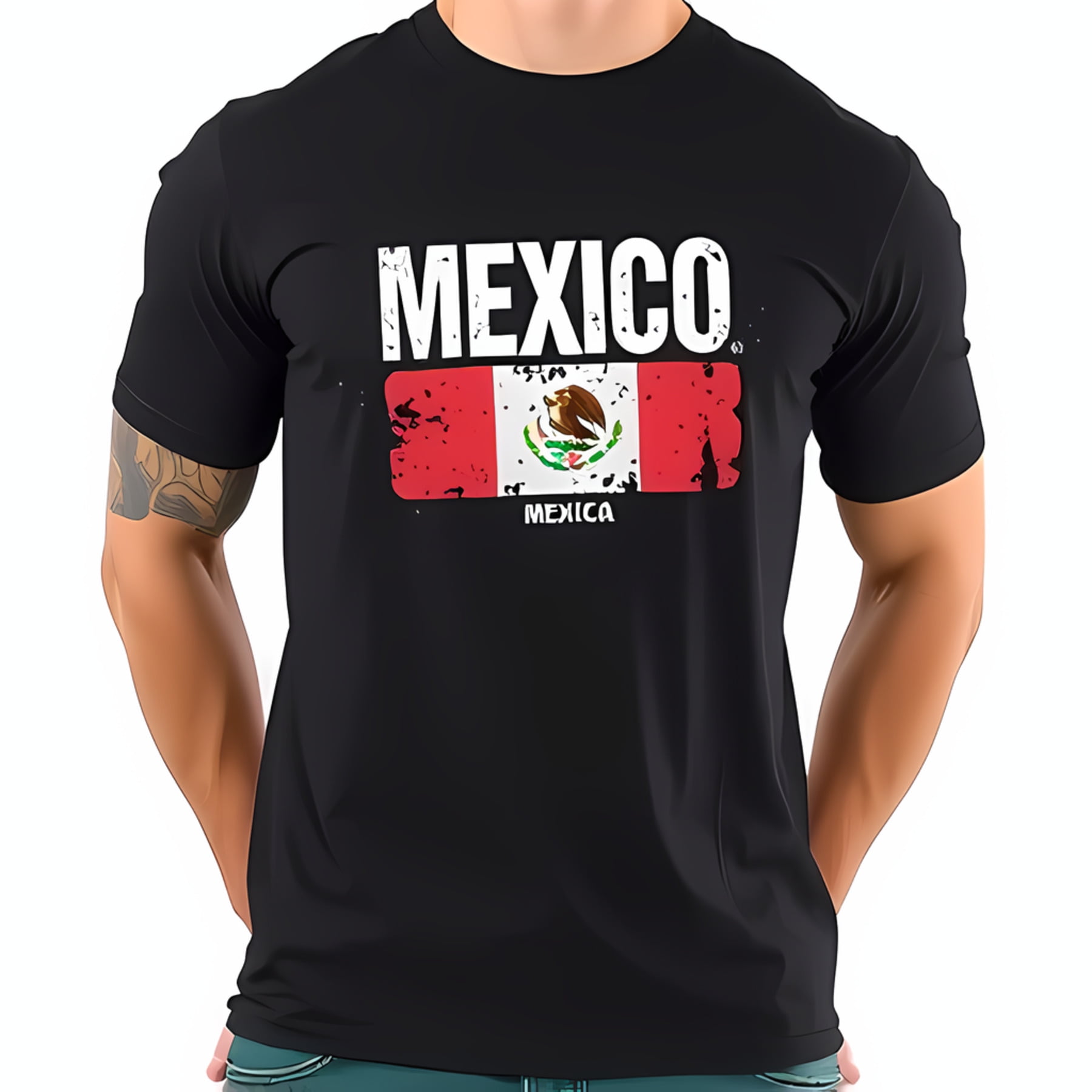 Black Cotton Short Sleeve T-Shirt with Bold 'MEXICO' Print and Stylized ...