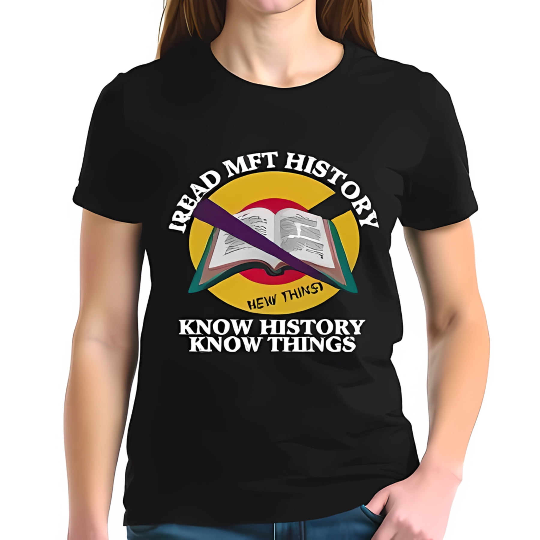 Black Cotton Short Sleeve T-Shirt with Circular Graphic Design: 'I READ ...