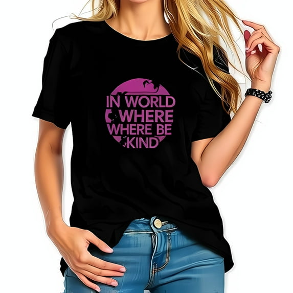 Black Cotton Short Sleeve T-Shirt with Circular World Map Design -New ...