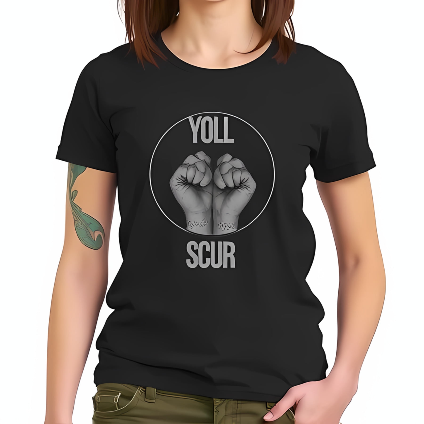 Black Cotton Short Sleeve T-Shirt with Graphic Design of Clenched Fists ...