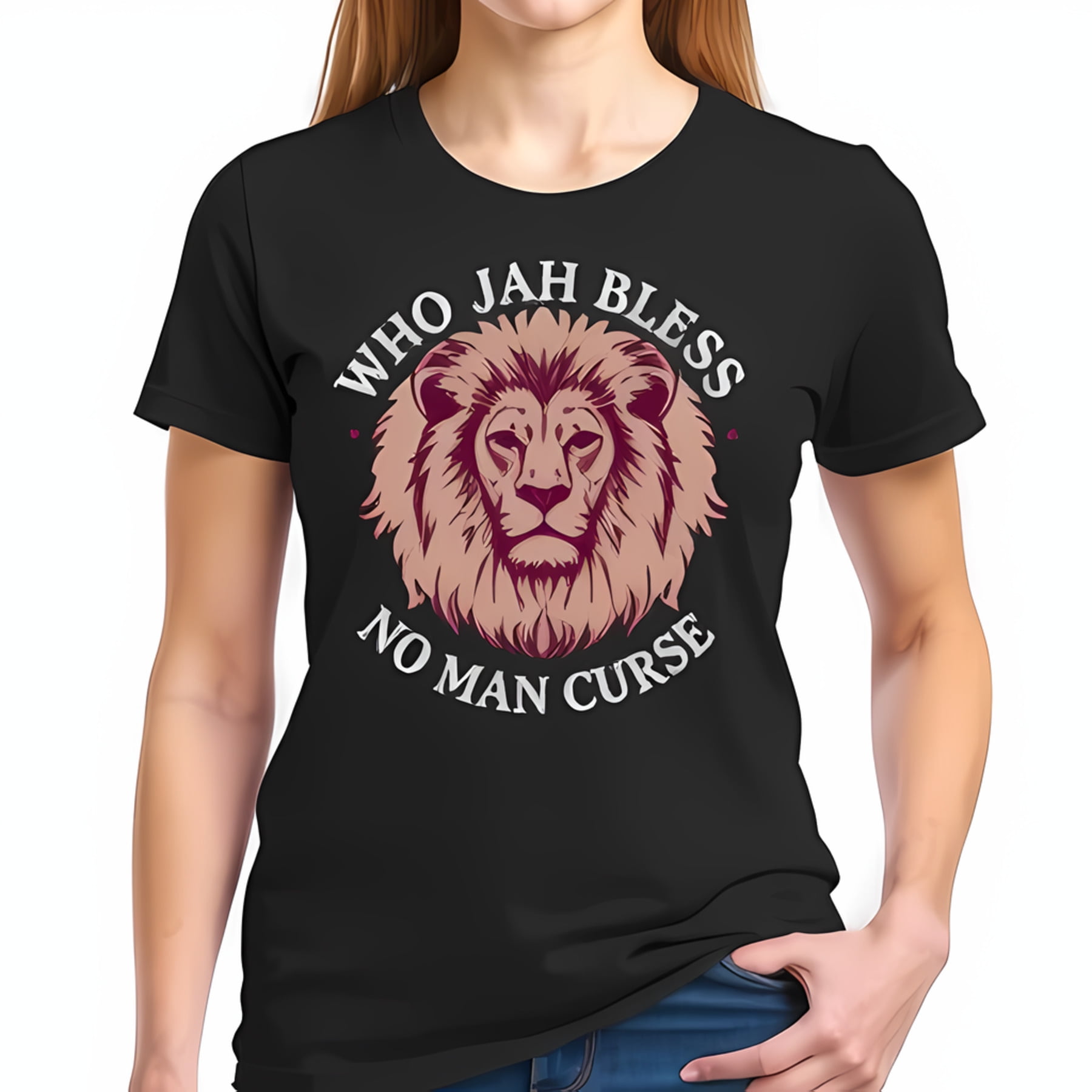 Black Cotton Short Sleeve T-Shirt with Maroon Lion's Head & " Who Jah Bless No Man Curse " Text ...