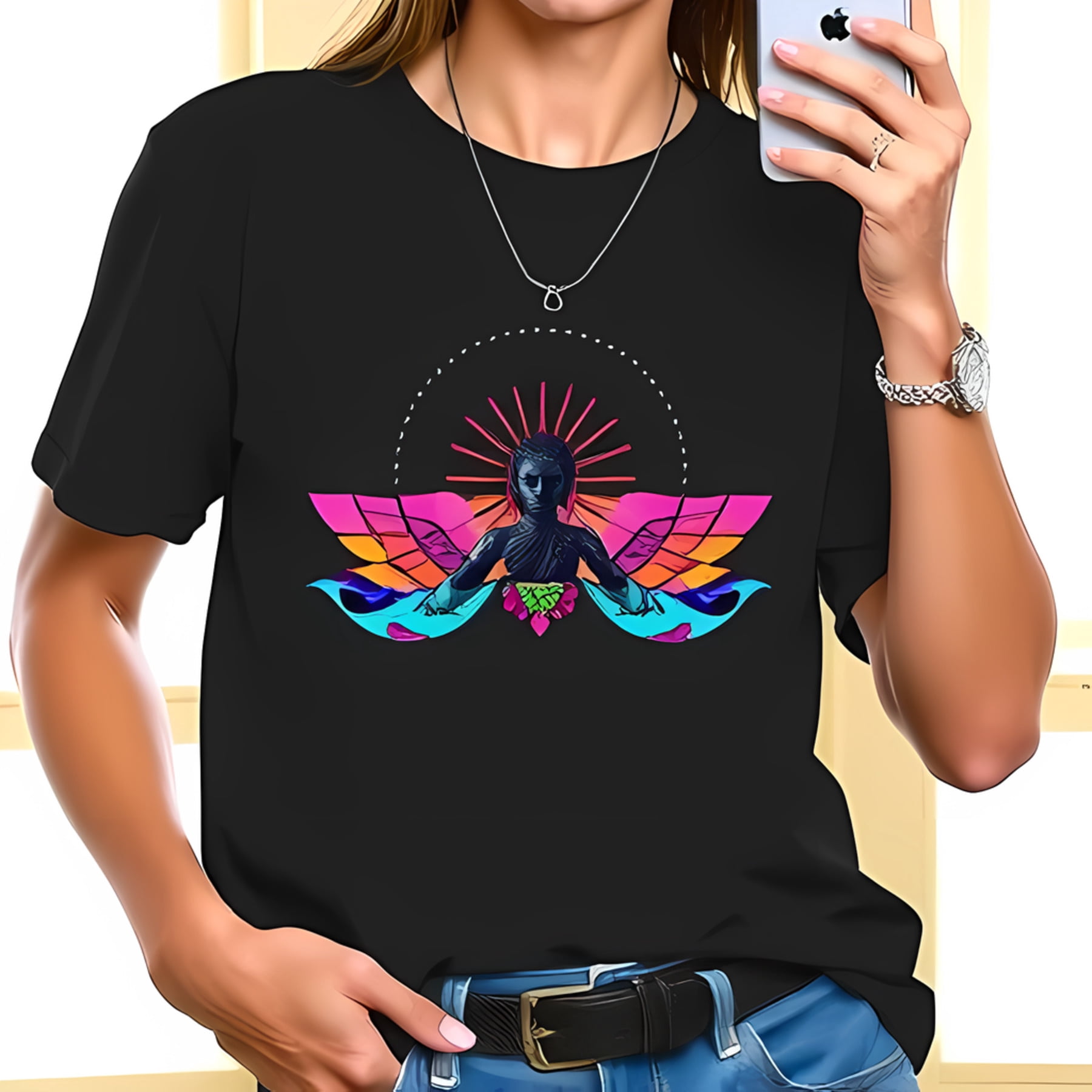 Black Cotton Short Sleeve T-Shirt with Serene Androgynous Deity Design ...