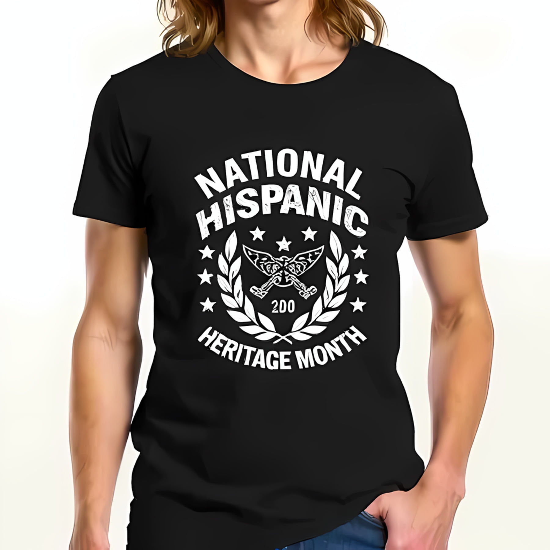 Black Cotton Short Sleeve T-Shirt with Vintage National Hispanic ...