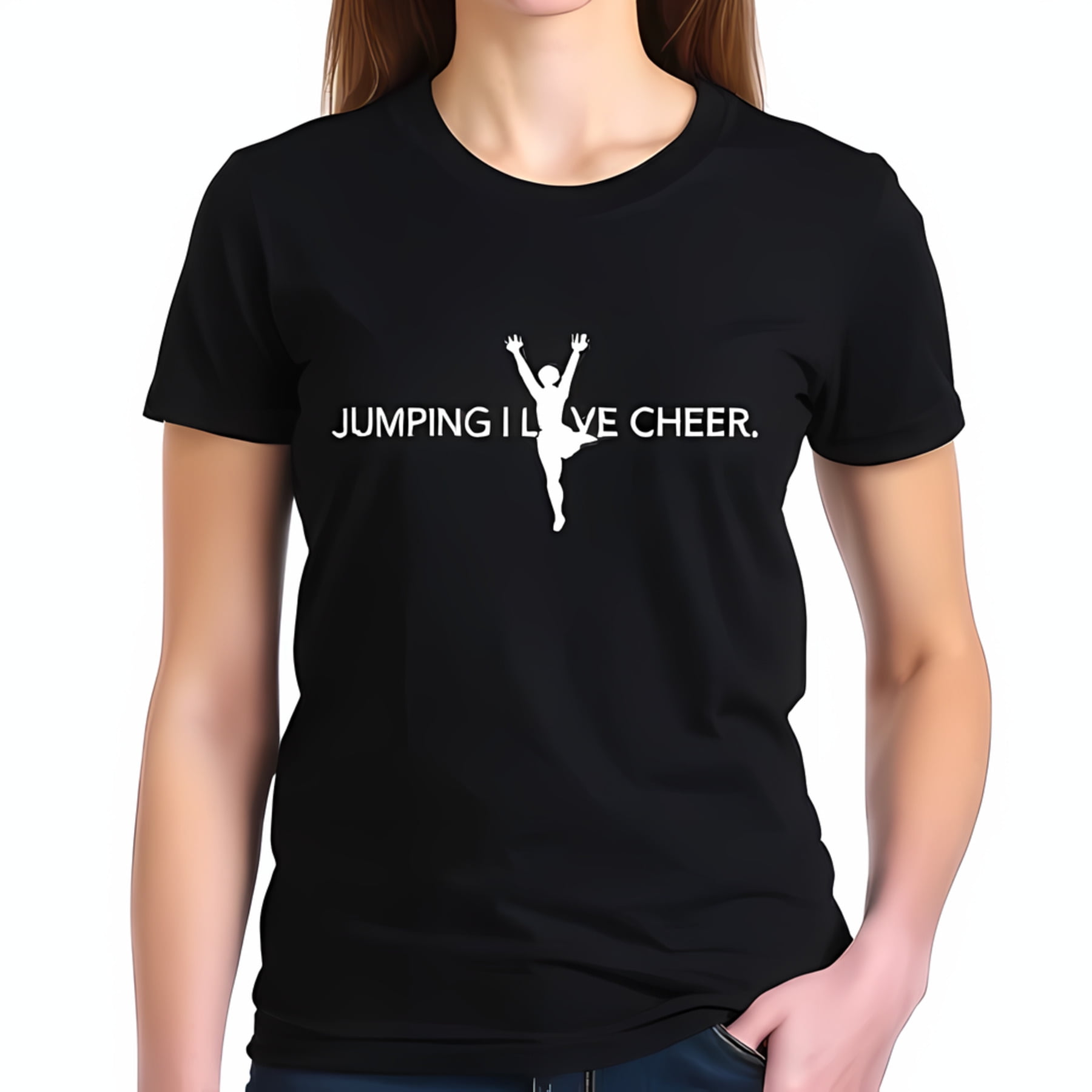 Black Cotton Short Sleeve T-Shirt with White Cheerleader and 'JUMPING I ...