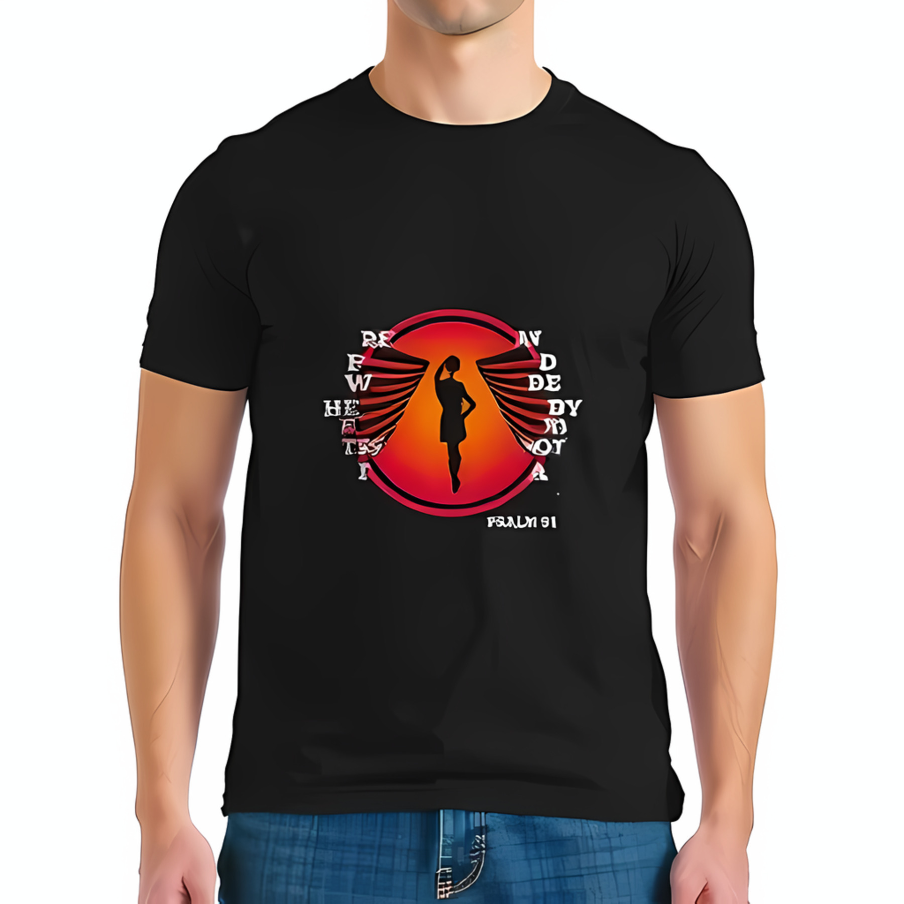 Black Cotton Short Sleeve T-Shirt with Woman & Red Sun Graphic " Be Not ...