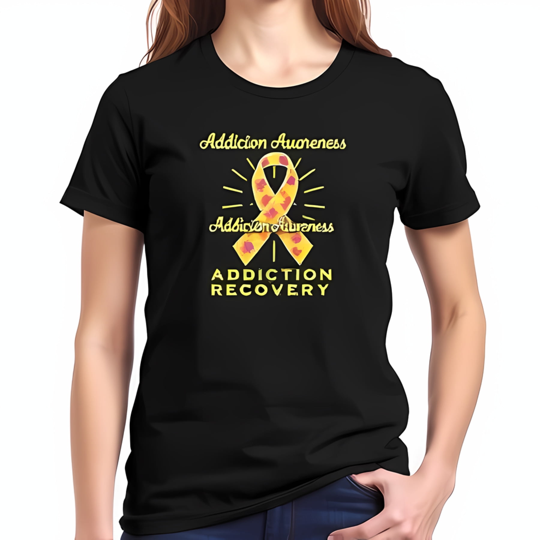 Black Cotton Short Sleeve T-Shirt with Yellow Ribbon Design for ...