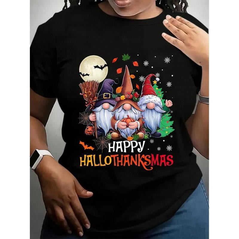 Black Cotton T-Shirt Happy Gnomes Design With Festive Theme Perfect All ...
