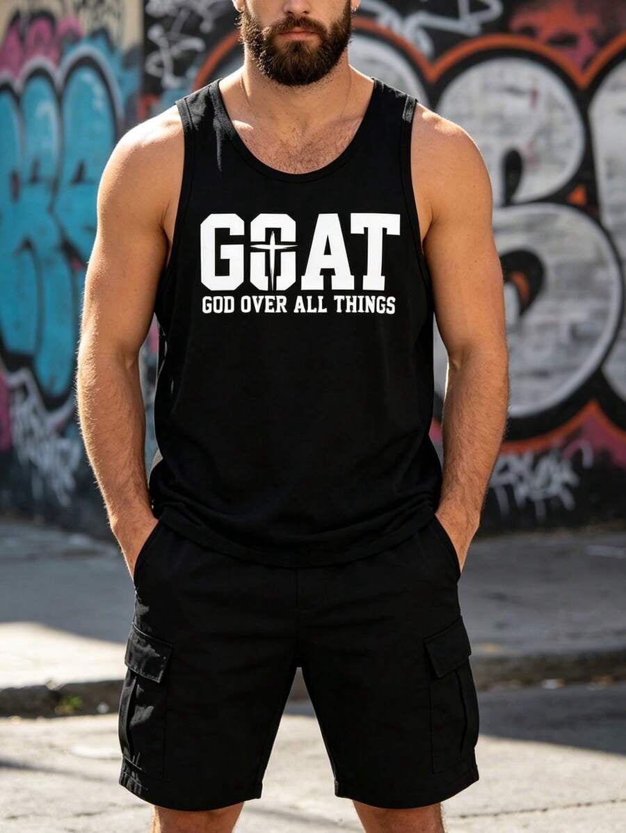 Black Cotton Tank Top For Men With GOAT Graphic Print - Casual ...