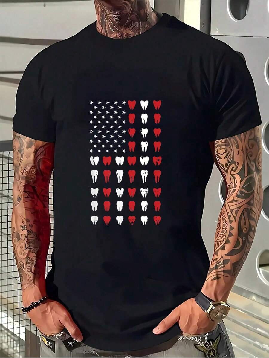 Black Cotton Teeth US Flag Patriotic Graphic T-Shirt Crew Neck Short ...