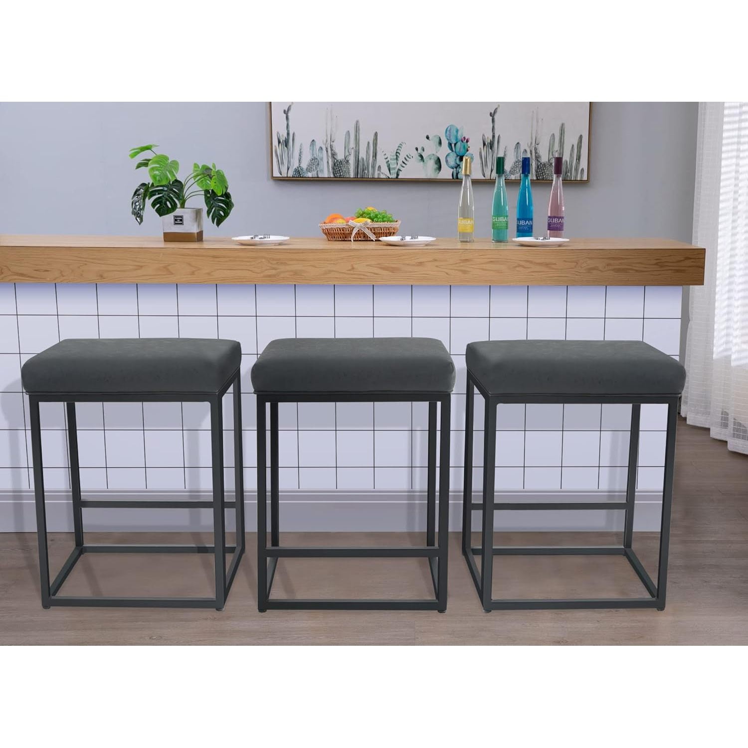 Black Counter Height Bar Stools Set of 3 for Kitchen Counter 24 Inch ...