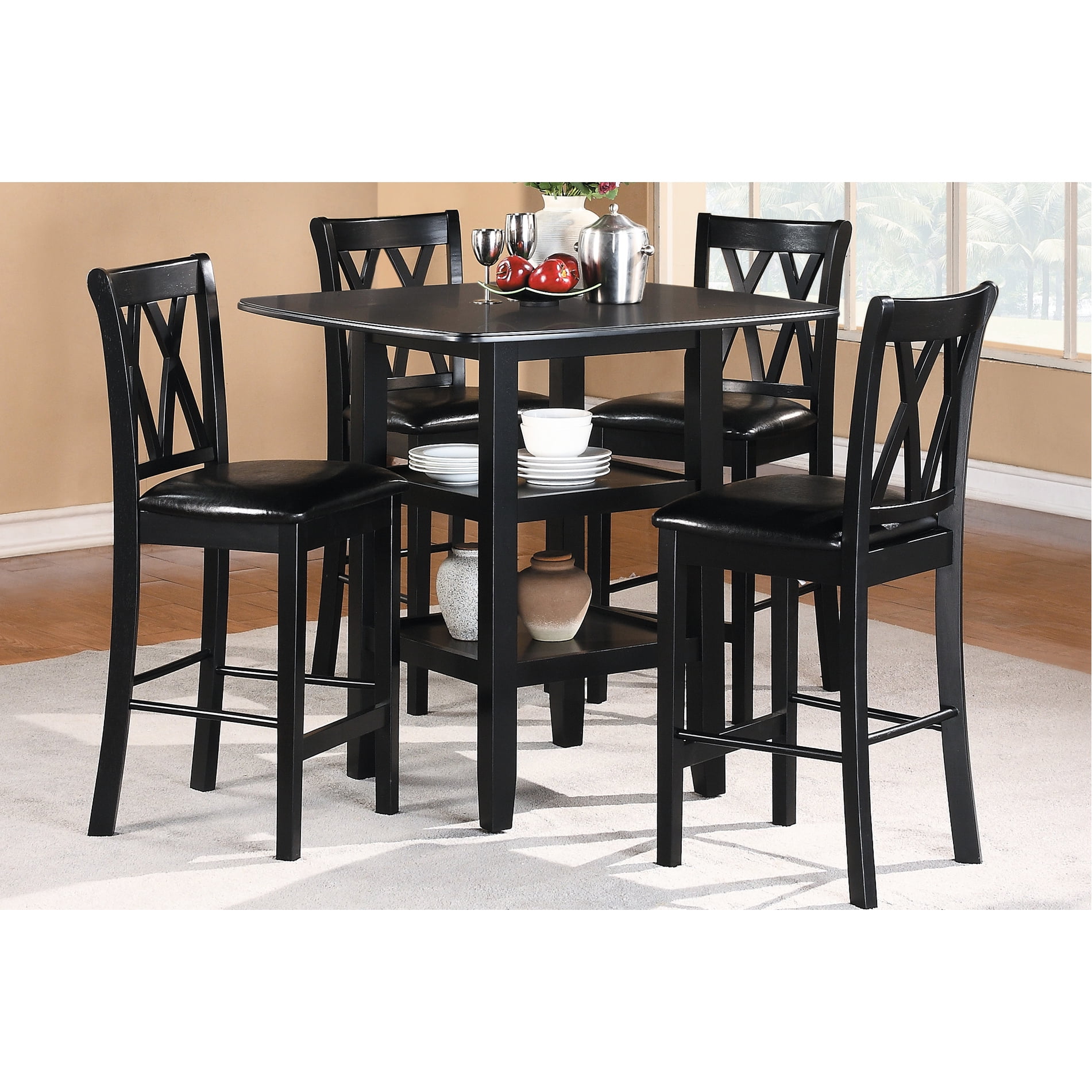 Black Counter Height Dining Table And 4 Chairs With Shelves Faux ...