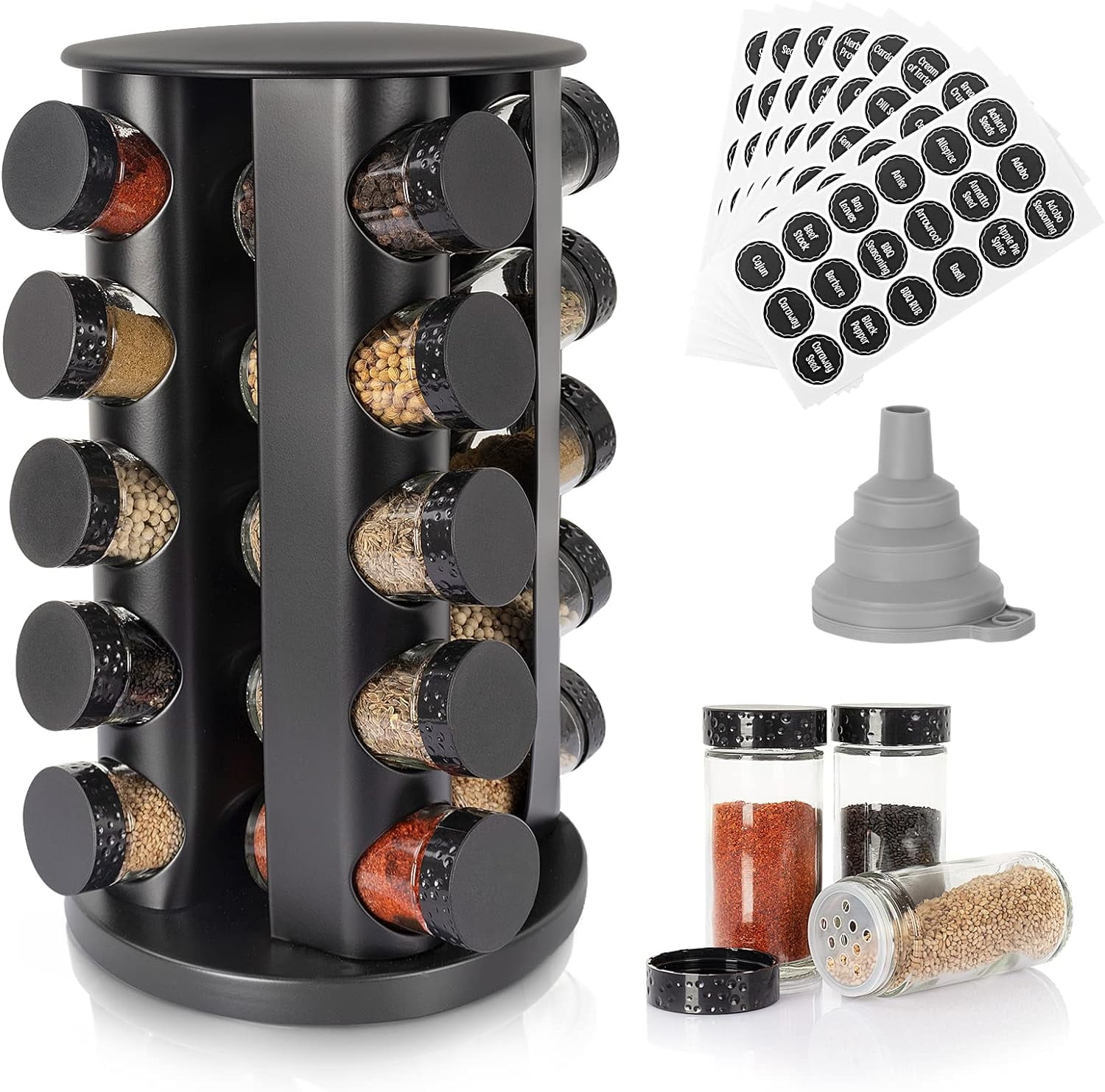 Black Countertop Rotating Spice Rack, Empty 20-Jars Revolving Spice ...
