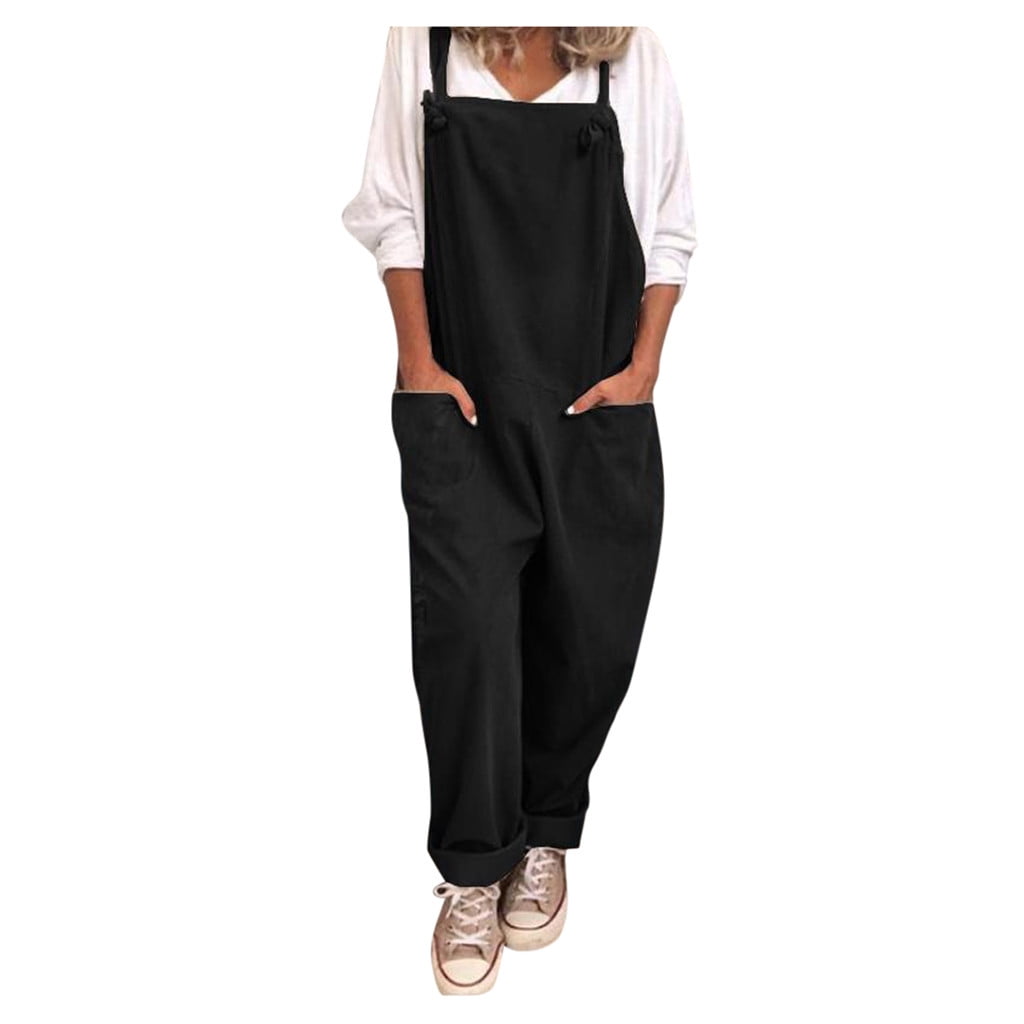 Black Coveralls for Women Summer Fall Faux Gauze Linen Loose Fit Brunch ...