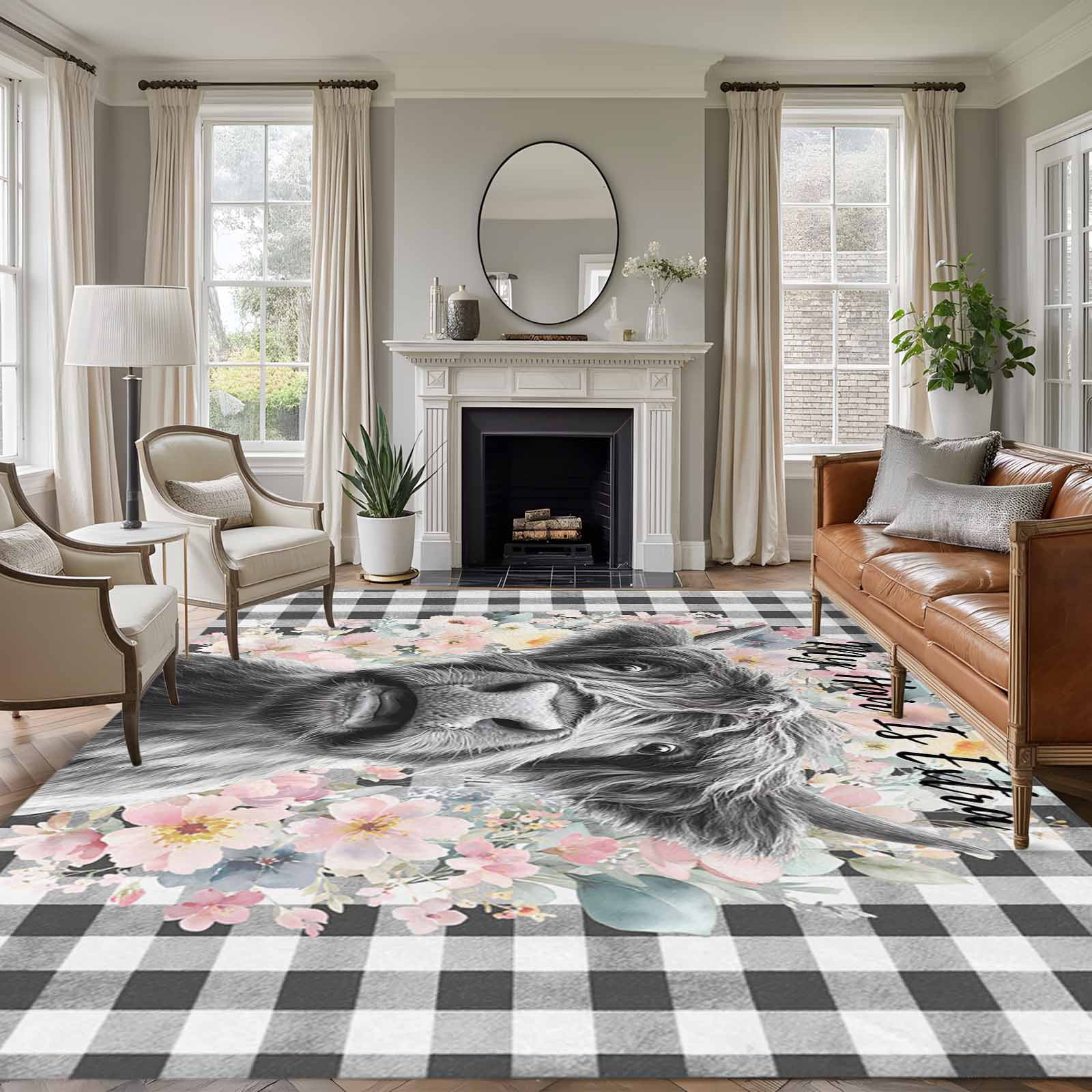 Black Cow Floral Area Rugs 5'x8', Washable Small Throw Rugs for ...